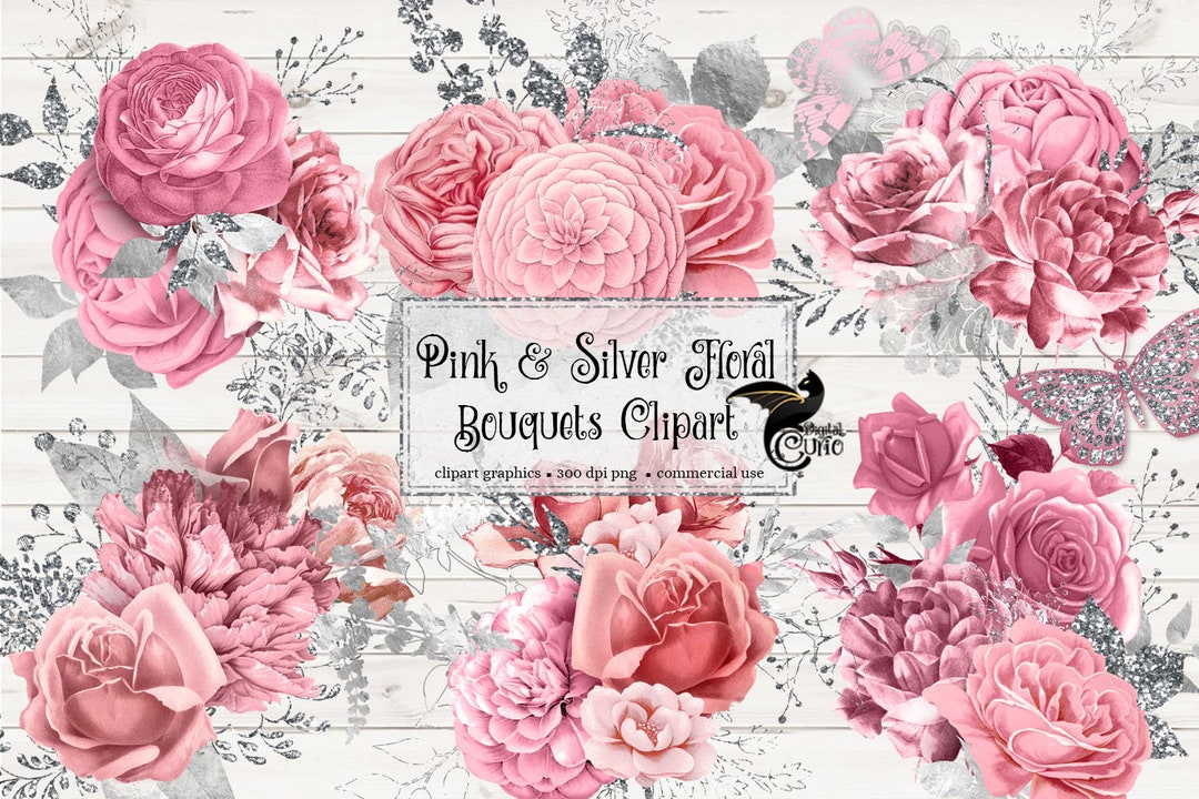 Pink and Silver Floral Clip Art, Digital Instant Download Painted ...