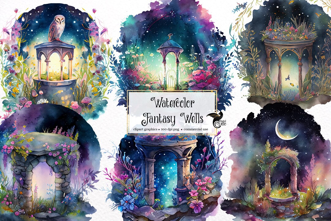 Watercolor Fantasy Wells Clipart - Fairy Night Garden PNG Format ...