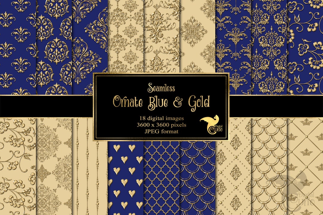 Ornate Blue and Gold Digital Paper, Seamless Royal Damask Patterns ...