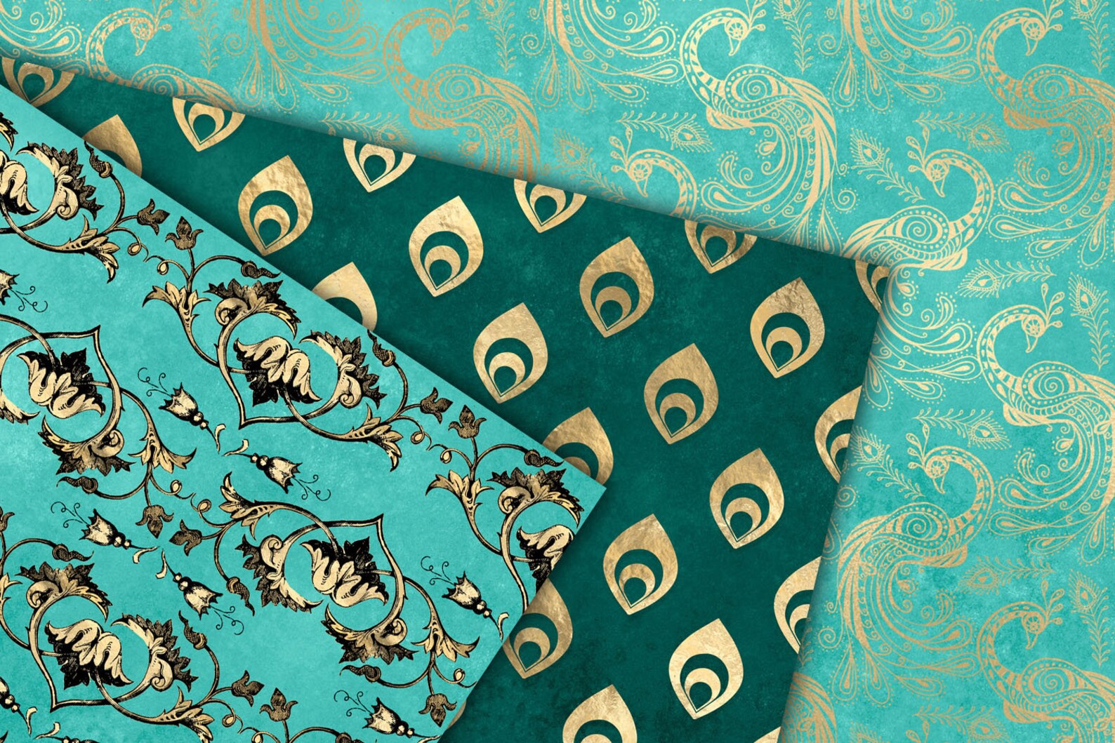 Turquoise and Gold Peacock Digital Paper Teal Seamless Aqua - Etsy