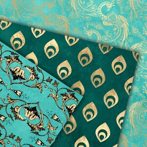 Turquoise and Gold Peacock Digital Paper, Teal Seamless Aqua Peacock ...