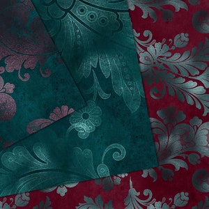 Teal and Burgundy Floral Velvet Digital Paper, Seamless Damask Patterns ...