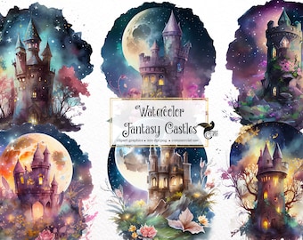 Watercolor Floral Fantasy Castles Clipart Fantasy Castle Night Scenery ...