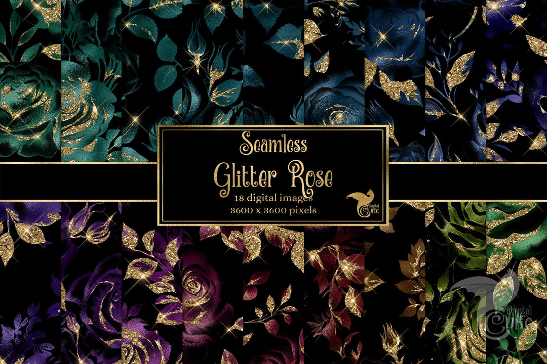 Glitter Rose Digital Paper, Floral Shimmering Foil and Gold Glitter ...