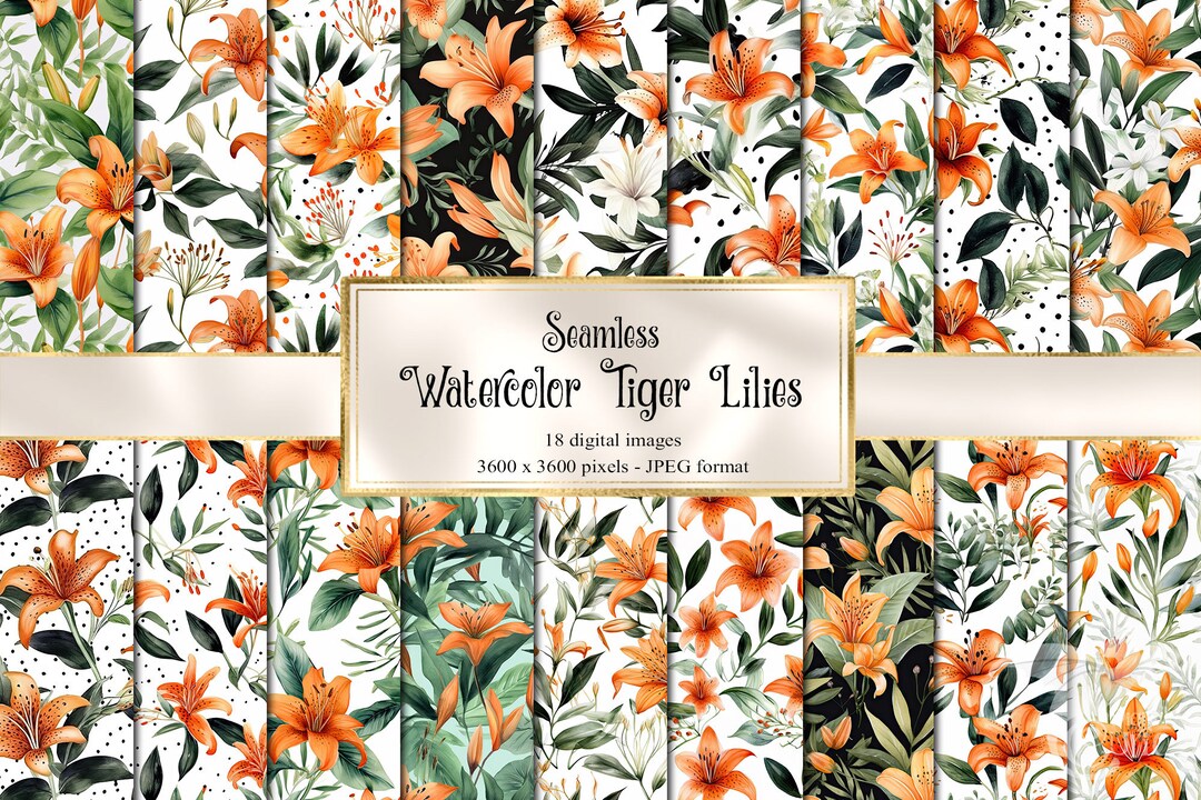 Watercolor Tiger Lily Digital Paper, Seamless Floral Pattern (digital ...
