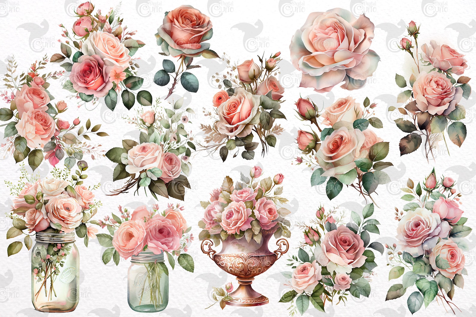 Watercolor Blush Pink Roses Clipart Pastel Roses and Leaves in PNG ...
