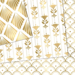 White and Gold Art Deco Digital Paper, Seamless Geometric Patterns ...