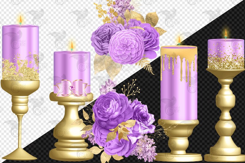 Lilac and Gold Candles Clip Art - Digital Candle Graphics Instant ...