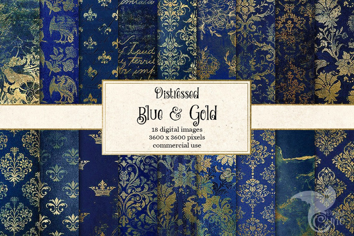 Distressed Blue and Gold Digital Paper Gold Foil Patterns - Etsy