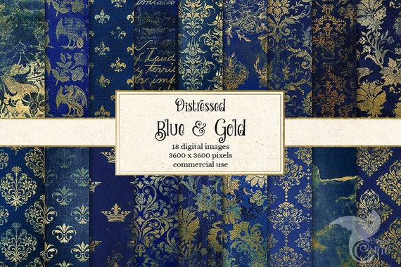 Distressed Blue and Gold Digital Paper Gold Foil Patterns | Etsy