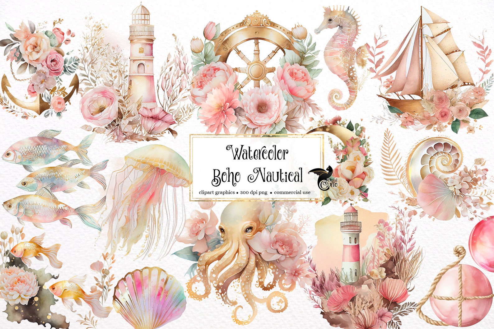 Watercolor Boho Nautical Clipart - Ocean Beach Wedding PNG Format ...