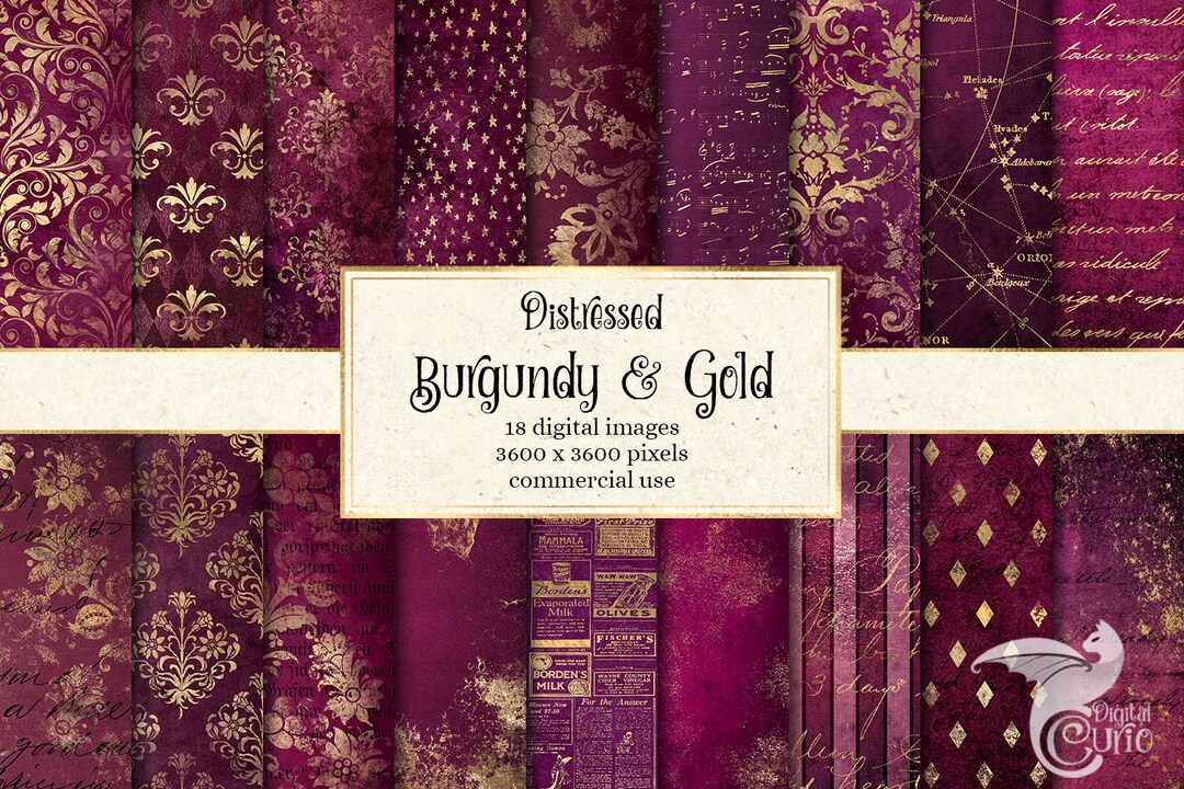 Burgundy and Gold Damask Digital Paper, Vintage Textures (digital ...