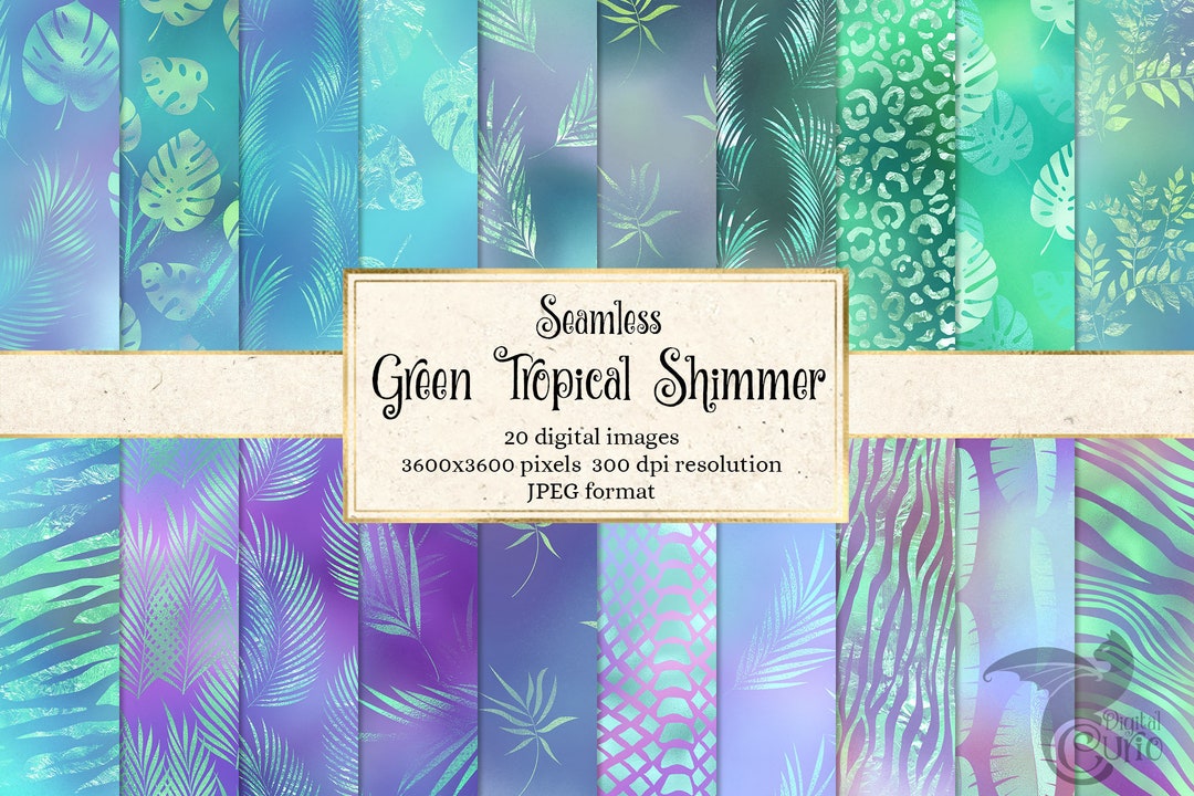 Green Tropical Shimmer Digital Paper, Seamless Green and Gold Fantasy ...