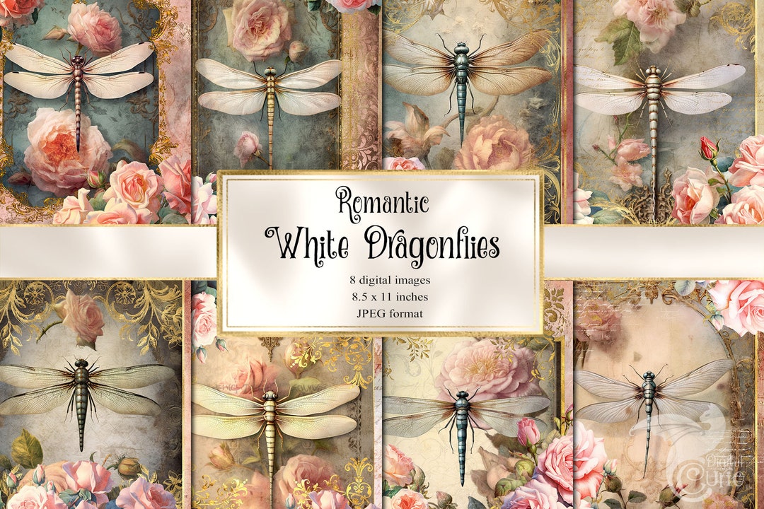 Romantic White Dragonflies Journal Paper, Notebook Digital Paper Rococo ...