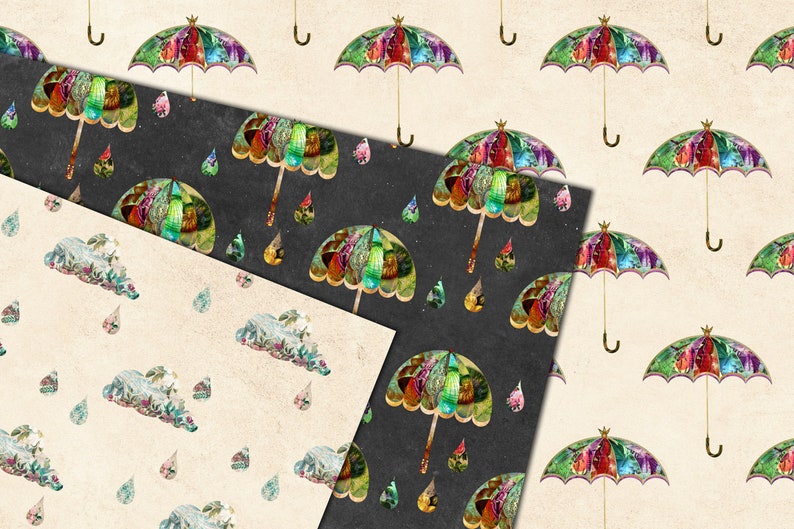 Collage Umbrella Digital Paper, Seamless Raindrop Patterns (digital ...