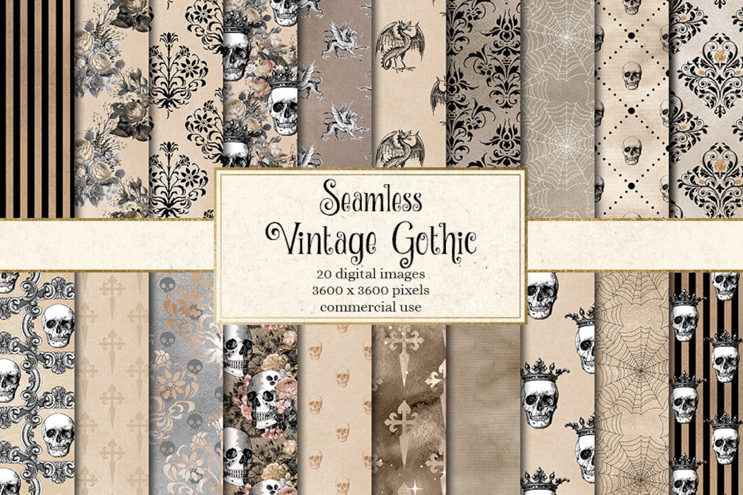 Seamless Vintage Gothic Digital Paper, Skull Damask Halloween Scrapbook ...