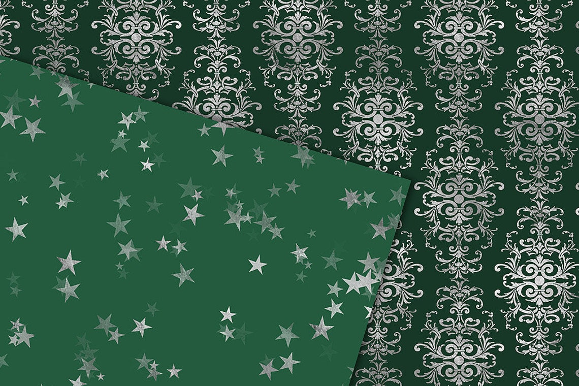 Emerald and Silver Digital Paper Green Seamless Silver Foil | Etsy
