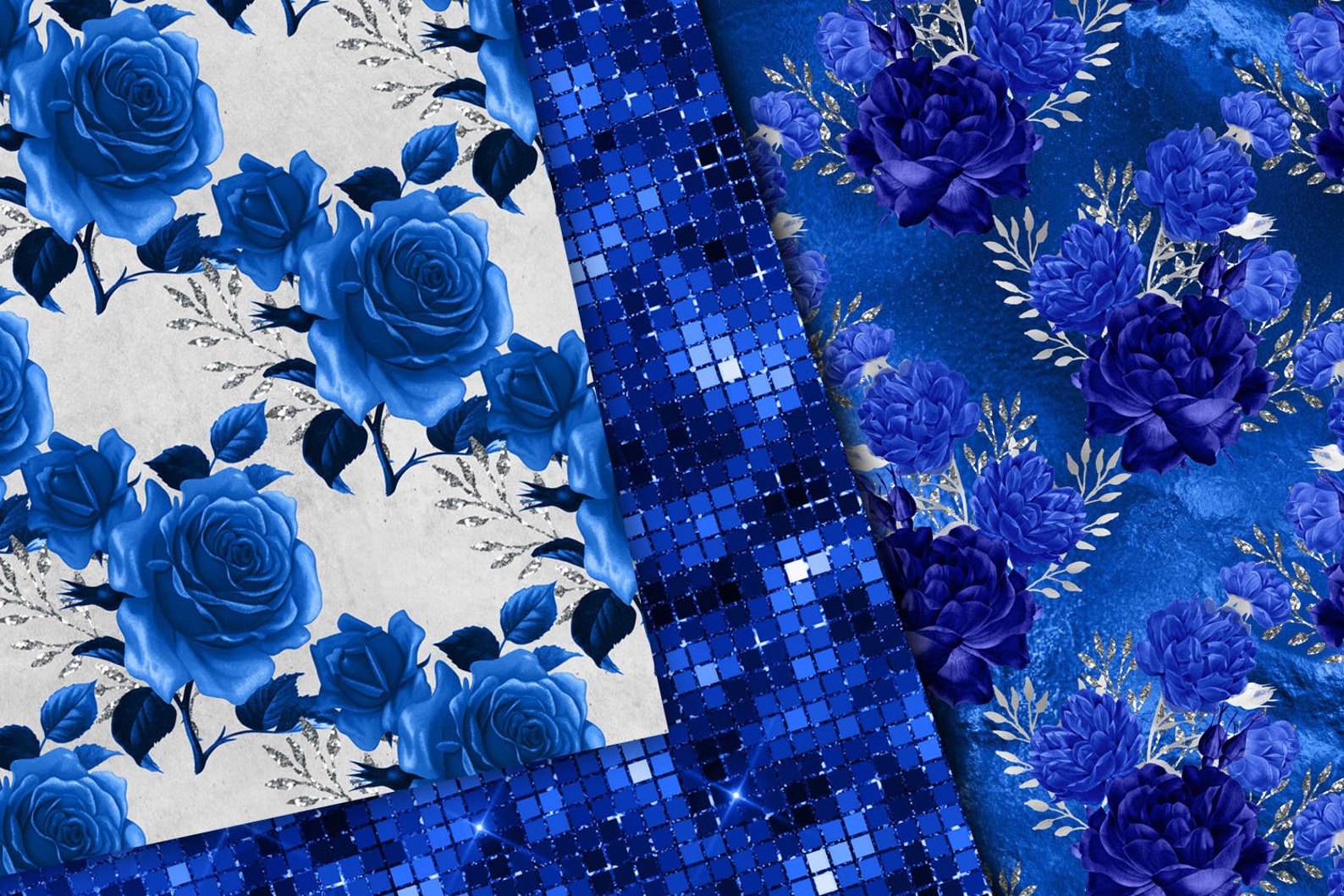 Royal Blue and Silver Floral Digital Paper Seamless Blue Rose - Etsy
