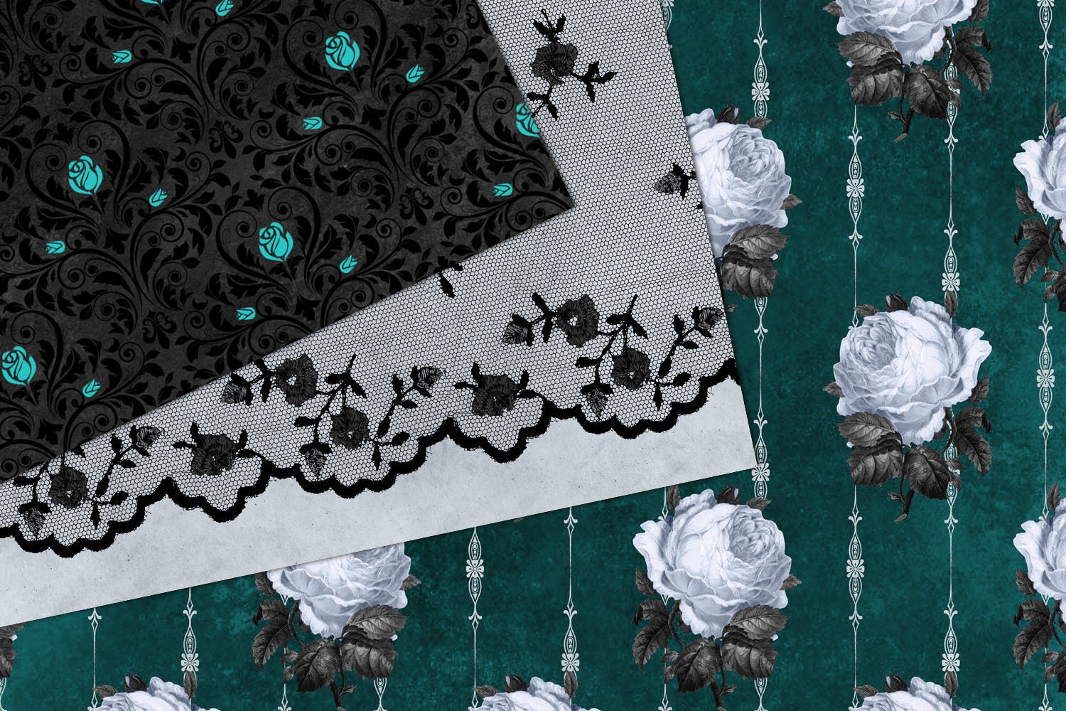 Gothic Teal Rose Digital Paper Seamless Rose Patterns With | Etsy