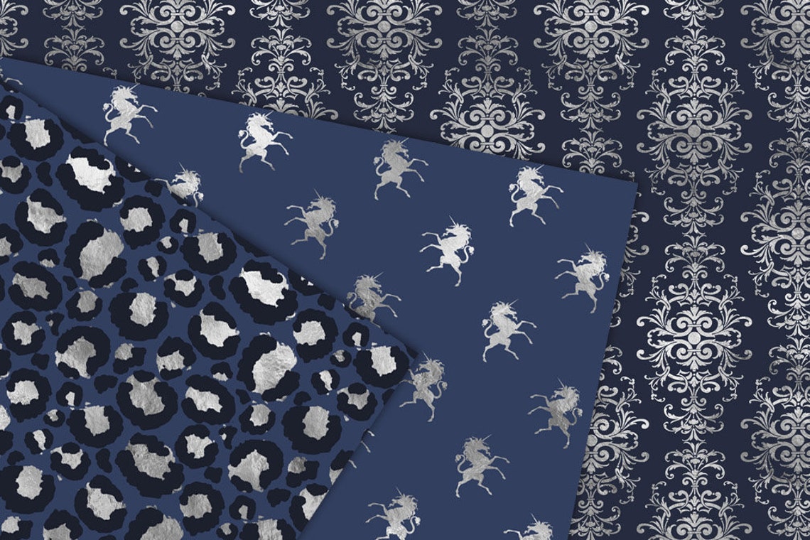 Navy and Silver Digital Paper Seamless Blue and Silver Foil - Etsy