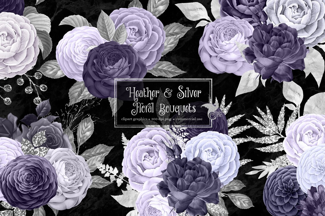 Heather and Silver Floral Bouquets Clipart, Purple Wedding Flowers ...