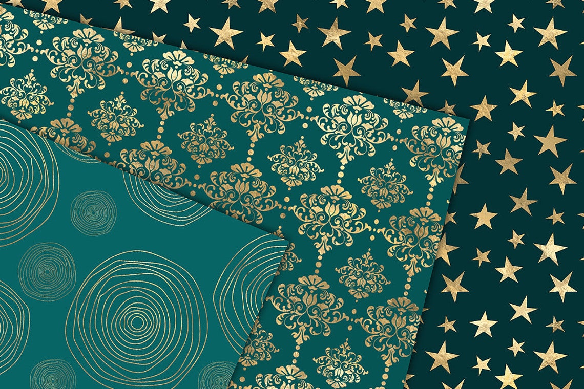 Teal and Gold Digital Paper Aqua Seamless Gold Foil Patterns - Etsy