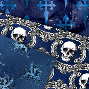 Seamless Blue Gothic Digital Paper, Skull Damask Halloween Scrapbook ...