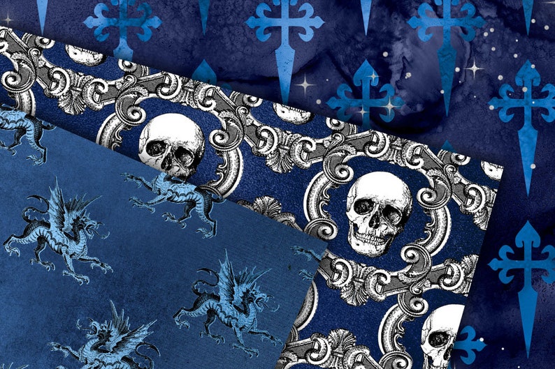 Seamless Blue Gothic Digital Paper Skull Damask Halloween - Etsy