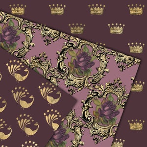 Mauve and Gold Peacock Digital Paper, Seamless Patterns (digital ...
