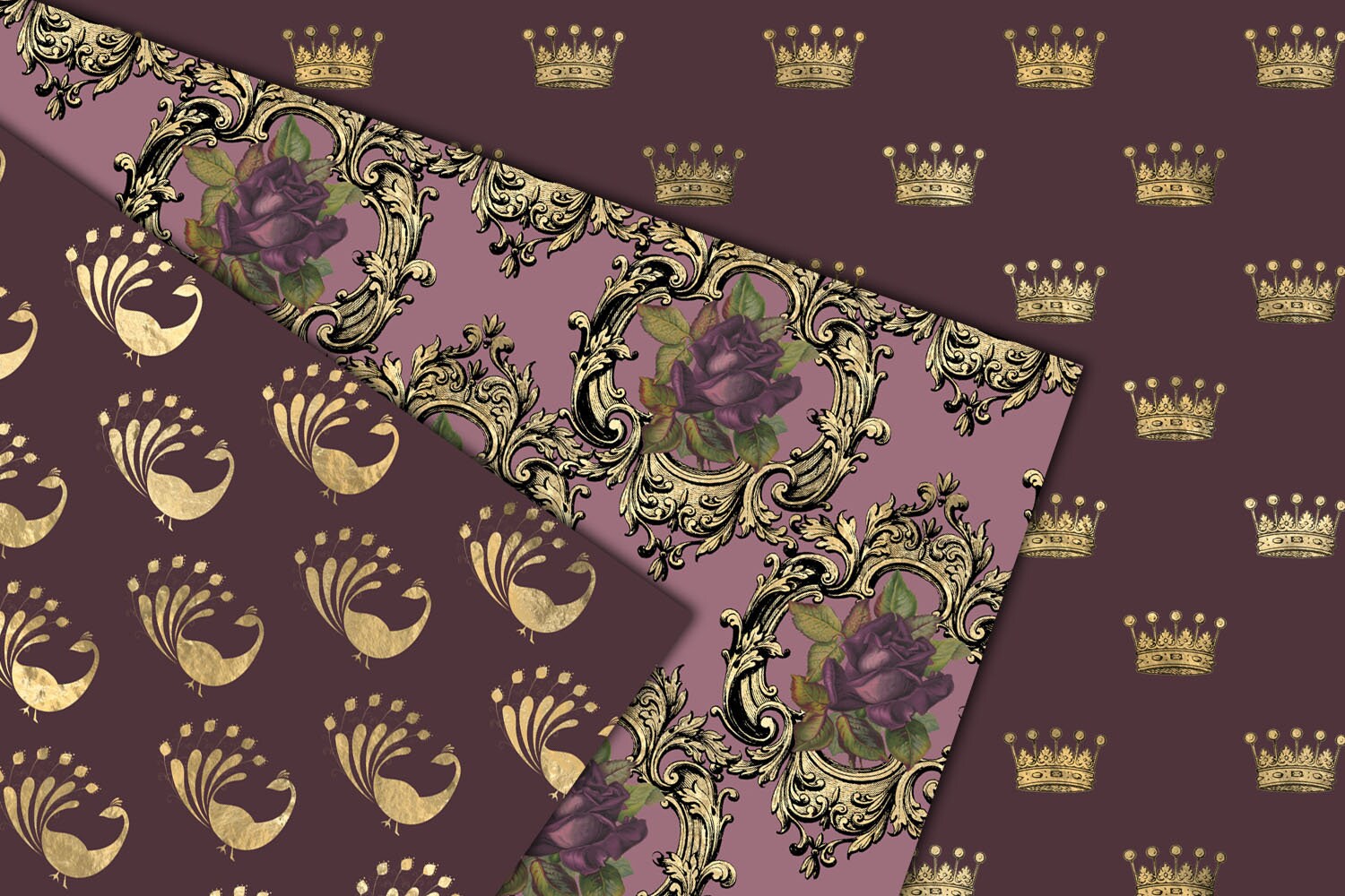 Mauve and Gold Peacock Digital Paper, Seamless Patterns (digital ...