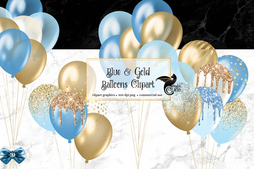 Blue and Gold Balloons Clipart, Glitter and Foil Confetti Party Clipart ...