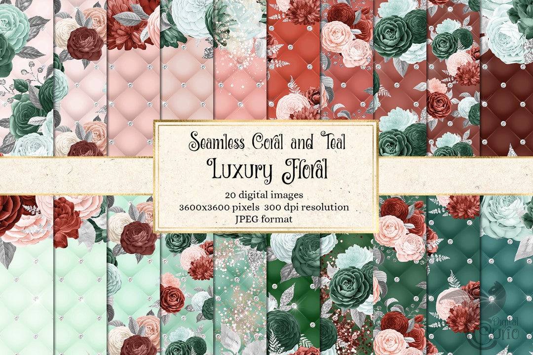 Coral and Teal Floral Digital Paper - Seamless Tufted Diamond ...