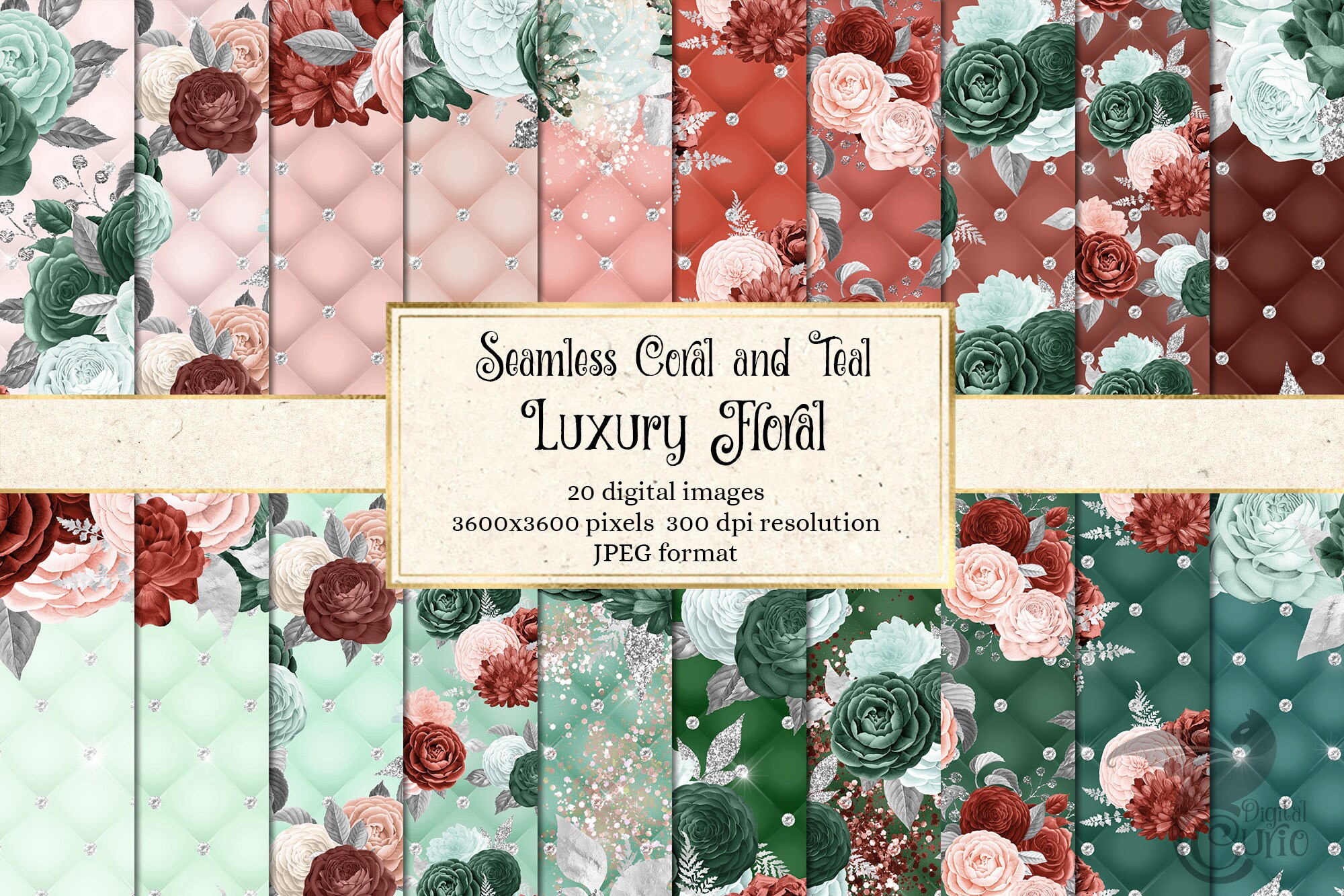 Coral and Teal Floral Digital Paper Seamless Tufted Diamond - Etsy