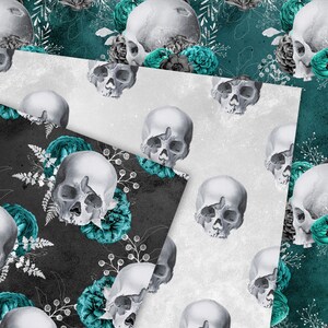Turquoise Skull Digital Paper, Seamless Gothic Skull Patterns With ...