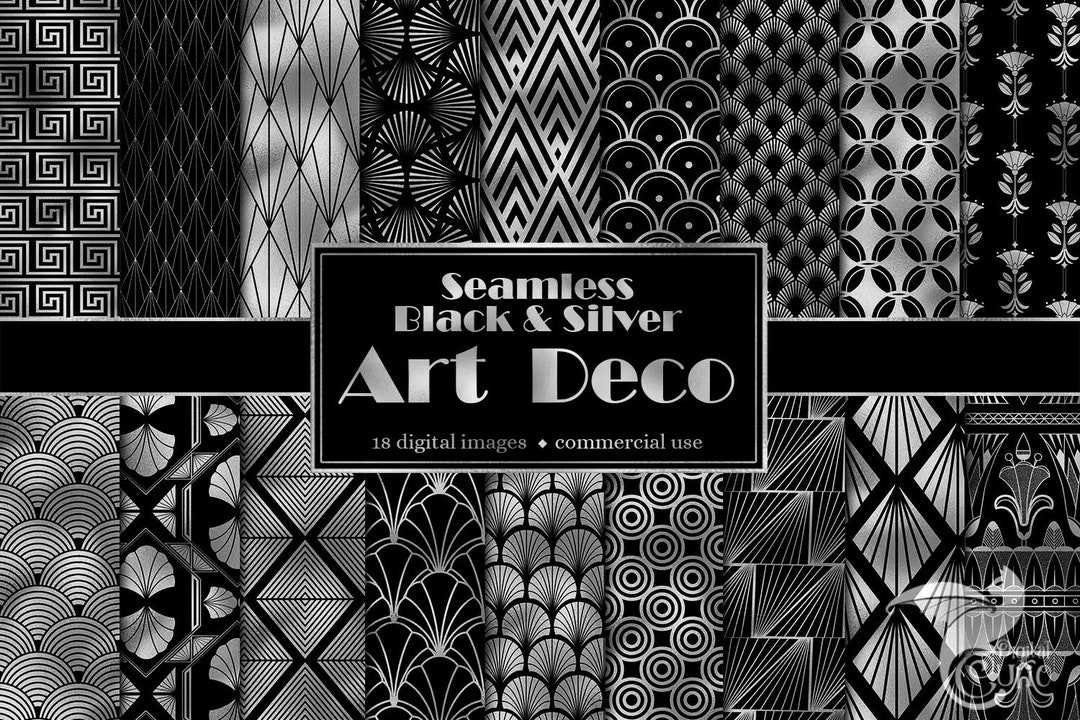 Black and Silver Art Deco Digital Paper, Seamless Deco Patterns in ...