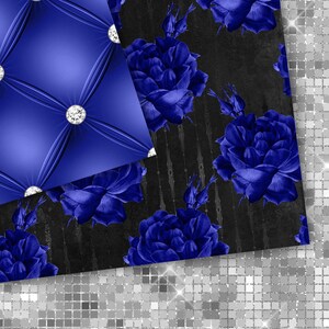 Royal Blue and Silver Floral Digital Paper, Seamless Blue Rose ...