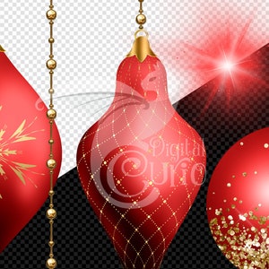 Red and Gold Christmas Ornament Clipart, Glitter Baubles (digital ...
