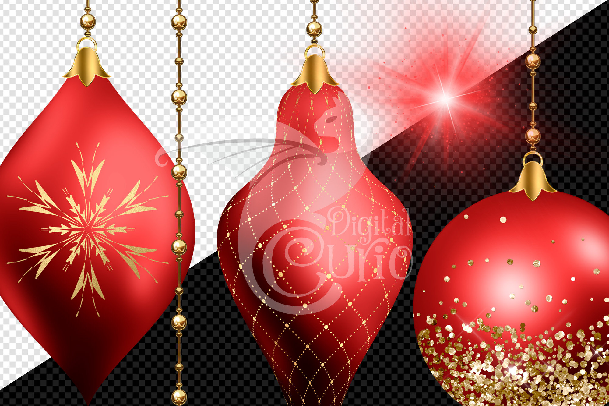 Red and Gold Christmas Ornaments Clipart Digital Glitter - Etsy
