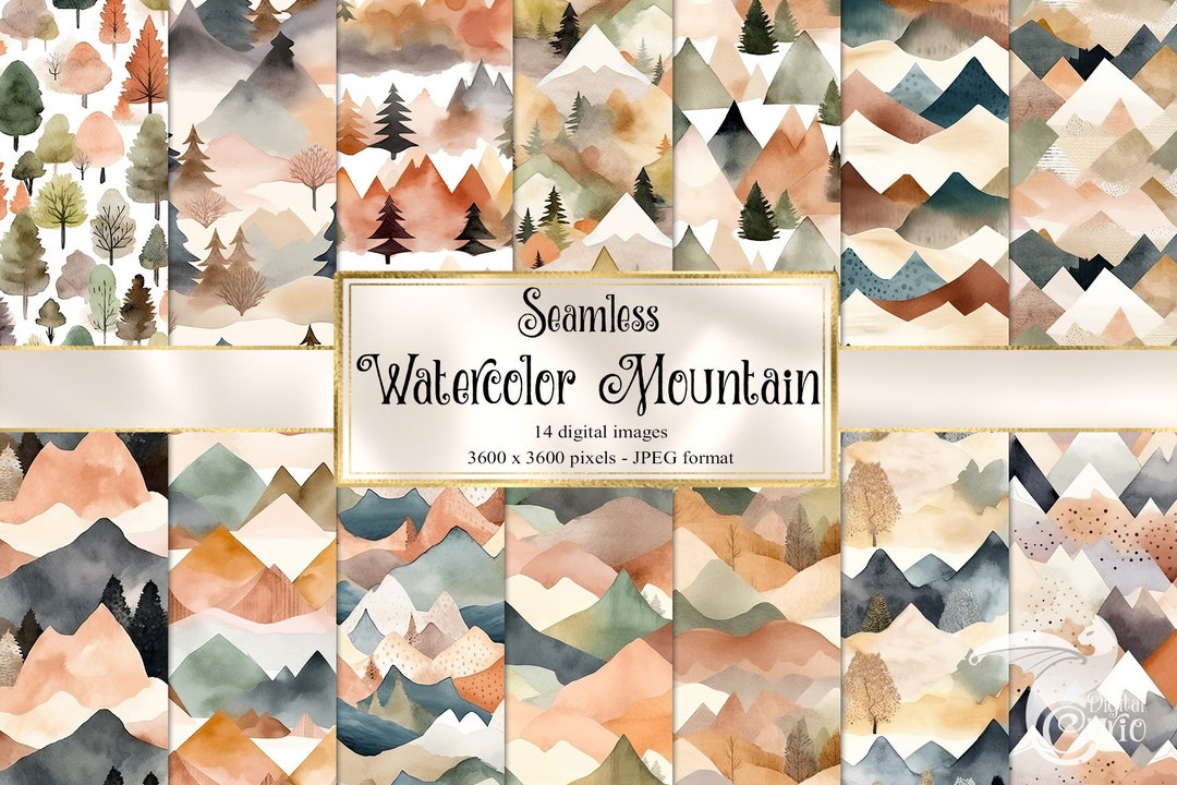 Watercolor Mountain Forest Digital Paper, Seamless Printable Textures ...
