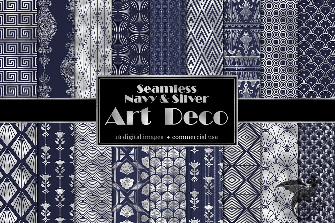 Navy and Silver Art Deco Digital Paper, Shimmering Patterns (digital ...