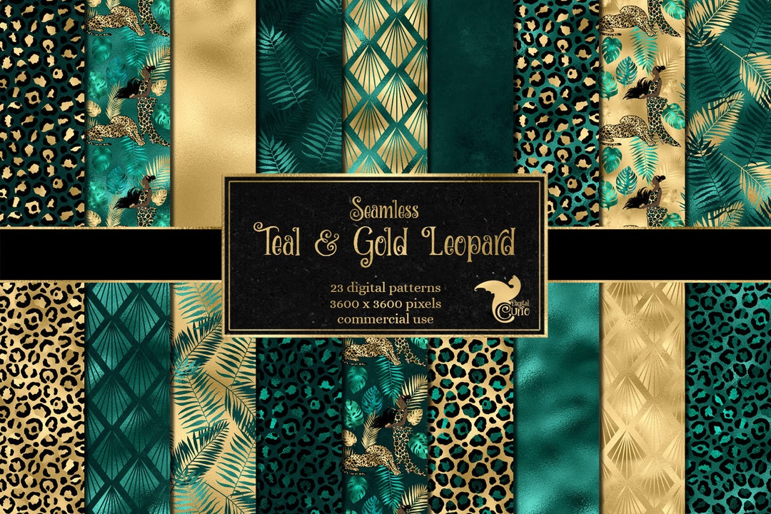Teal and Gold Leopard Digital Paper, Seamless Leopard Spot Patterns ...