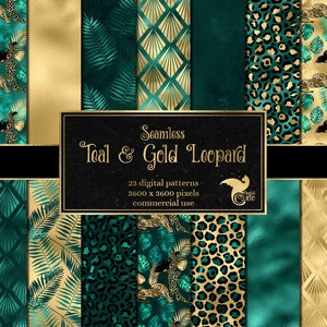 Teal and Gold Leopard Digital Paper, Seamless Leopard Spot Patterns ...
