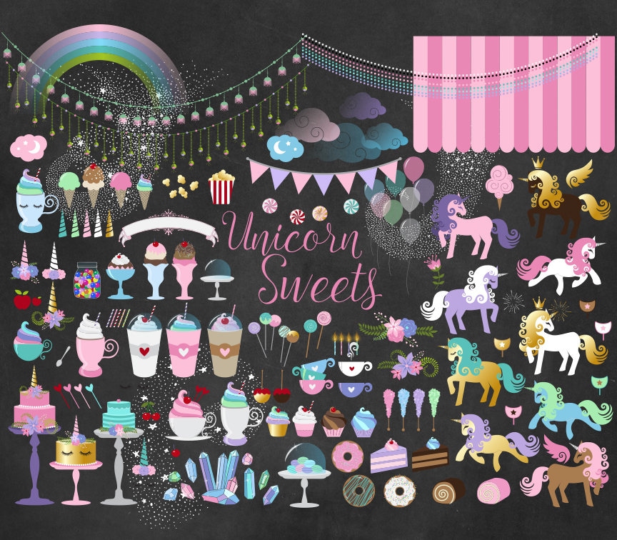 Unicorn Sweets Clipart, Birthday Party Graphics (PNG, Vector) - Etsy