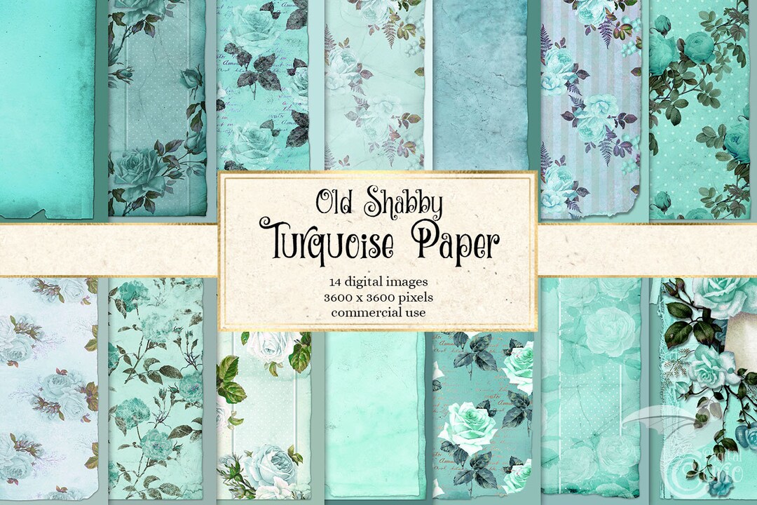 Turquoise Floral Paper Textures, Shabby Chic Scrapbook Paper (digital ...