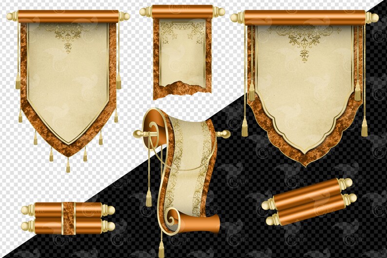 Orange Tapestry Scrolls Clipart - Gold Accents, Fantasy Designs ...