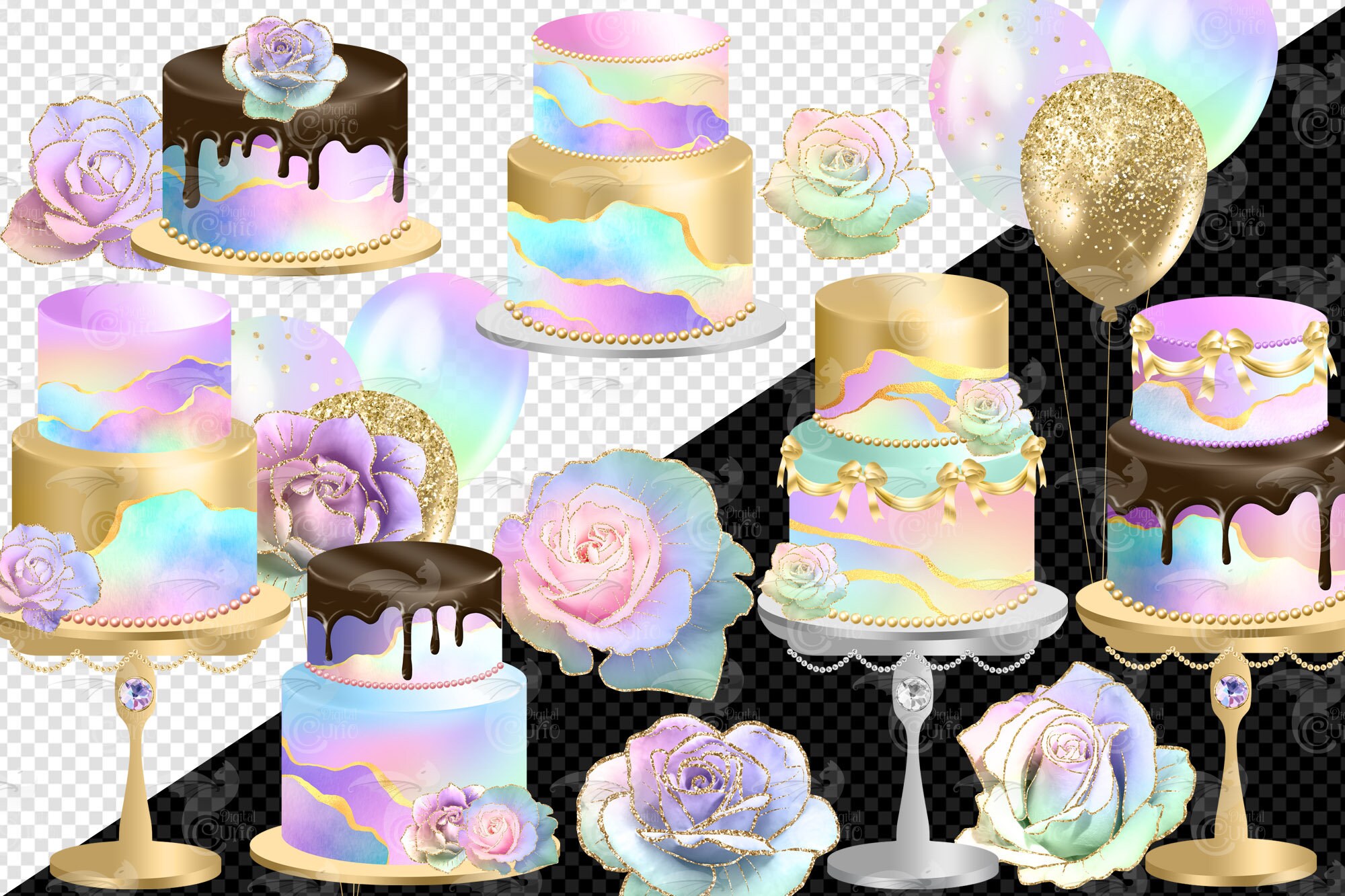 Rainbow Agate Cakes Clipart, Gold Accent Cake Tiers (digital Download ...