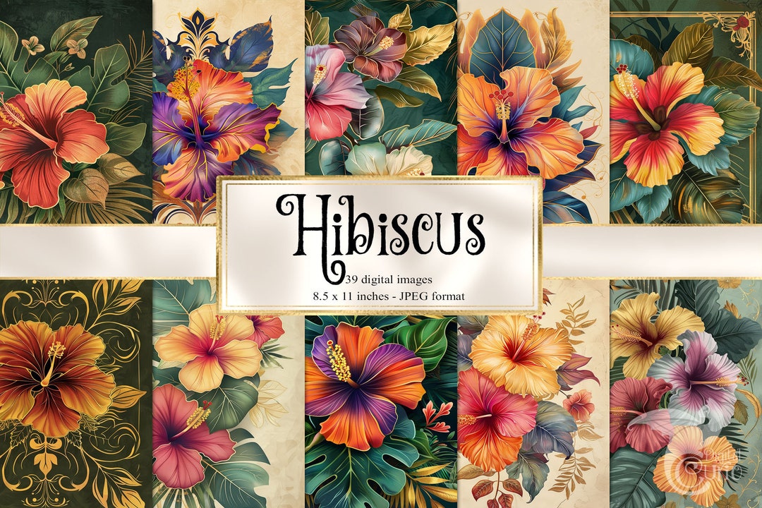 Hibiscus Journal Paper, Notebook Digital Paper Art Nouveau Tropical ...