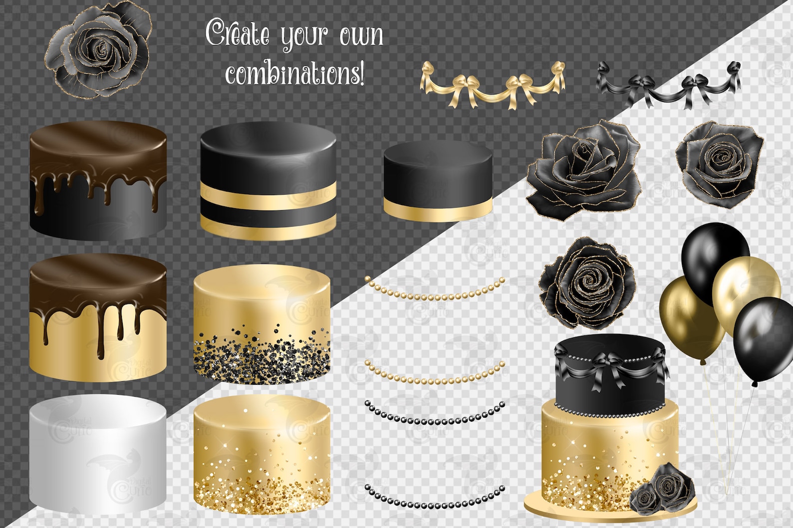 Black and Gold Cakes Clipart, Digital Instant Download Cake Clip Art ...