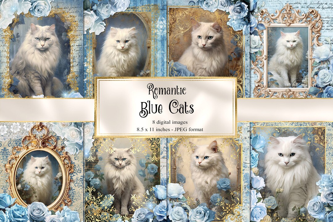 Romantic Blue Cats Journal Paper, Notebook Digital Paper Rococo Junk ...
