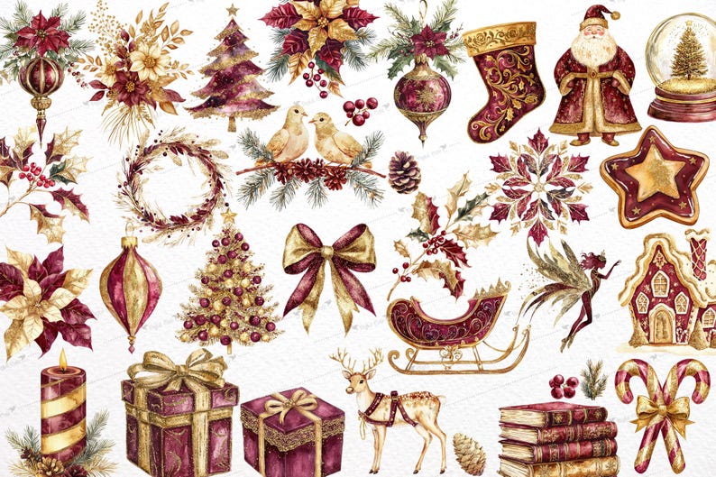 Burgundy and Gold Christmas Clipart - Watercolor Holiday Graphics (PNG ...